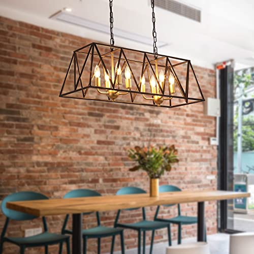 Kitchen Chandelier Island Pendant Lighting, 8-Light Farmhouse Linear Chandeliers Island Light Fixture, Rustic Vintage Antique Ceiling Light for Dining Room Pool Table Foyer, Modern Industrial Gold+Orb