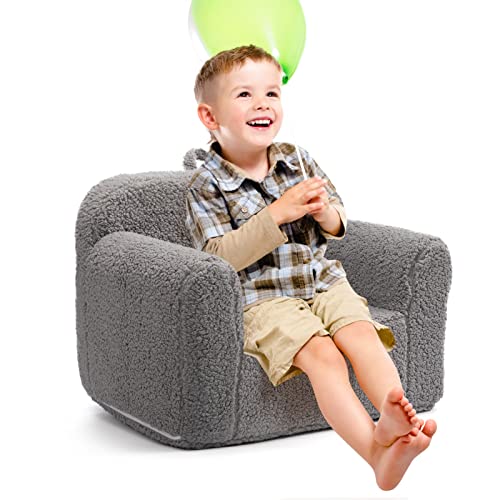 ALIMORDEN Kids Ultra-Soft Snuggle Foam Filled Chair, Single Cuddly Sherpa Reading Couch for Boys and Girls, Grey