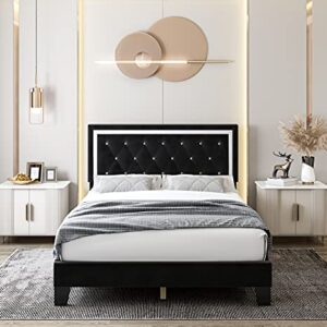 Queen Bed Frame, Diamond Tufted Upholstered Platform Bed Frame with Adjustable Headboard, Mattress Foundation with Wooden Slat Support, No Box Spring Needed, Easy Assembly (Queen, Black)