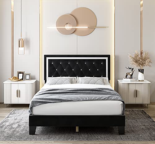 Queen Bed Frame, Diamond Tufted Upholstered Platform Bed Frame with Adjustable Headboard, Mattress Foundation with Wooden Slat Support, No Box Spring Needed, Easy Assembly (Queen, Black)