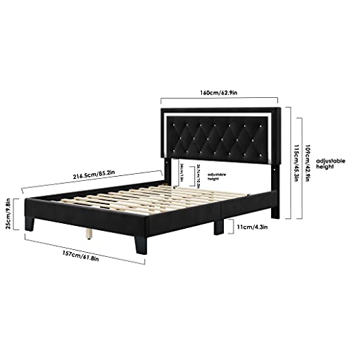 Queen Bed Frame, Diamond Tufted Upholstered Platform Bed Frame with Adjustable Headboard, Mattress Foundation with Wooden Slat Support, No Box Spring Needed, Easy Assembly (Queen, Black)