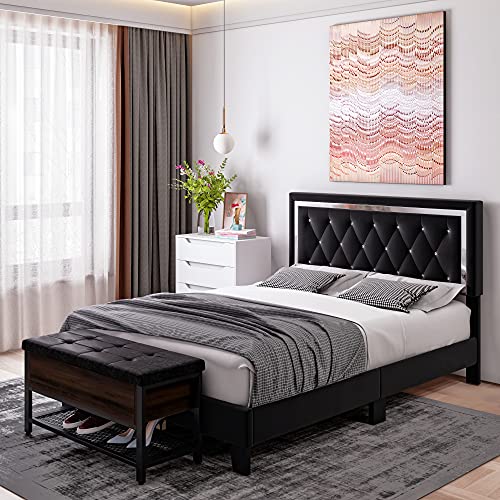 Queen Bed Frame, Diamond Tufted Upholstered Platform Bed Frame with Adjustable Headboard, Mattress Foundation with Wooden Slat Support, No Box Spring Needed, Easy Assembly (Queen, Black)