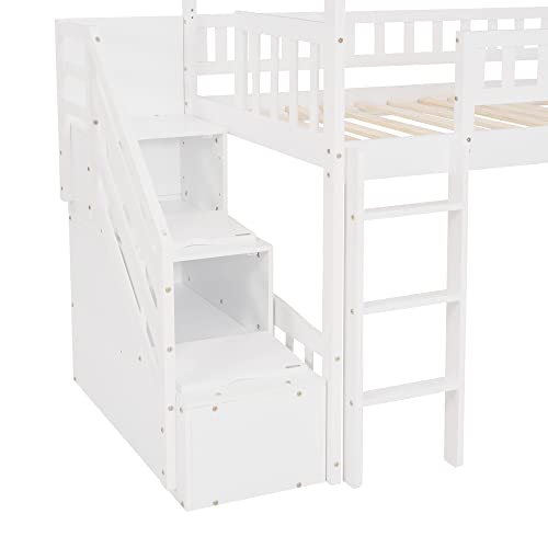 Harper & Bright Designs Loft Bed with Slide, House Loft Beds Twin Size with Step Storage Drawers Stairway Playhouse Bed for Kids Toddlers Girls/Boys, White