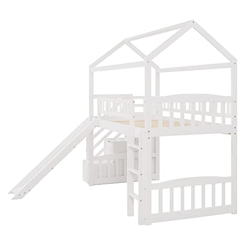 Harper & Bright Designs Loft Bed with Slide, House Loft Beds Twin Size with Step Storage Drawers Stairway Playhouse Bed for Kids Toddlers Girls/Boys, White