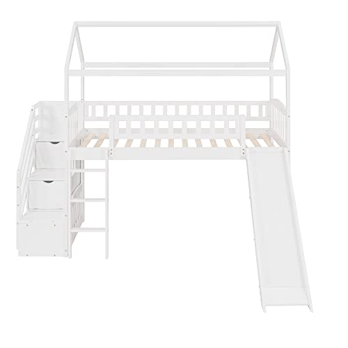 Harper & Bright Designs Loft Bed with Slide, House Loft Beds Twin Size with Step Storage Drawers Stairway Playhouse Bed for Kids Toddlers Girls/Boys, White