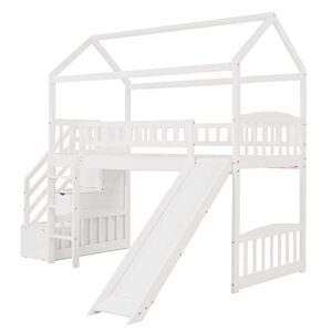 Harper & Bright Designs Loft Bed with Slide, House Loft Beds Twin Size with Step Storage Drawers Stairway Playhouse Bed for Kids Toddlers Girls/Boys, White