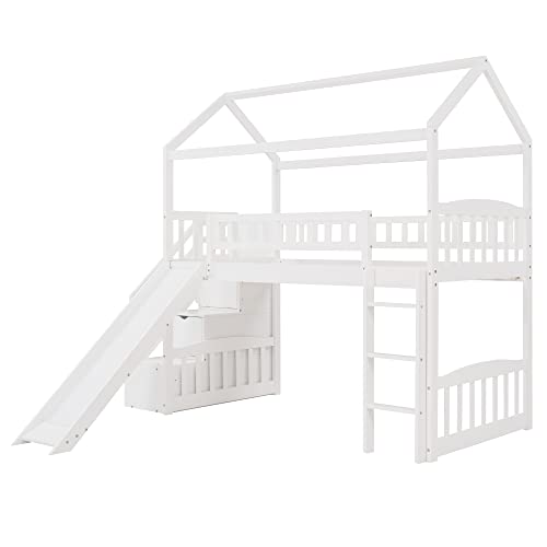 Harper & Bright Designs Loft Bed with Slide, House Loft Beds Twin Size with Step Storage Drawers Stairway Playhouse Bed for Kids Toddlers Girls/Boys, White