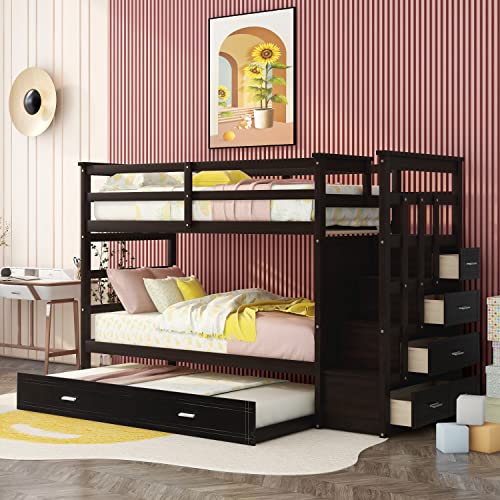 Solid Wood Twin Over Twin Bunk Bed, Trundle Bunk Beds with 4 Storage Drawers, Staircase and Safety Guard Rail, No Box Spring Needed (Espresso)