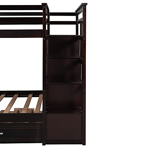 Solid Wood Twin Over Twin Bunk Bed, Trundle Bunk Beds with 4 Storage Drawers, Staircase and Safety Guard Rail, No Box Spring Needed (Espresso)