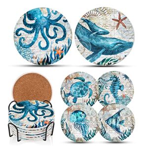 coasters for drinks, absorbent coaster sets of 6 with holder, ocean themed ceramic coaster set with cork base, whale,universal size,suitable for most scenes such as office, kitchen