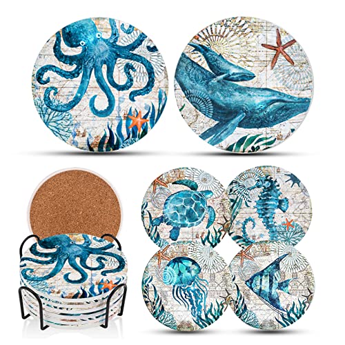 Coasters for Drinks, Absorbent Coaster Sets of 6 with Holder, Ocean Themed Ceramic Coaster Set with Cork Base, Whale,Universal Size,Suitable for Most Scenes Such as Office, Kitchen