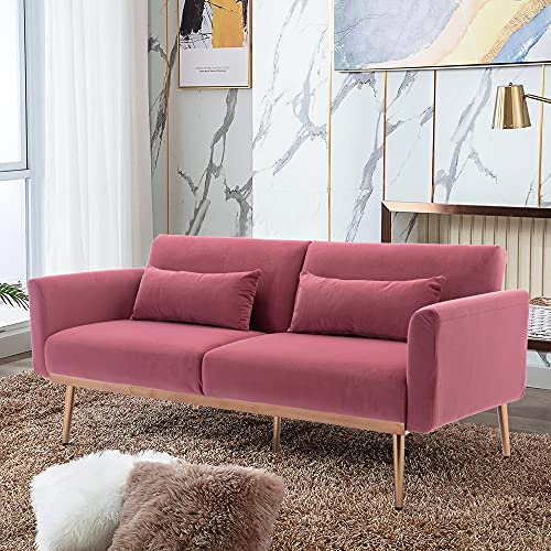 LoLado Velvet Futon Sofa Bed, Modern Tufted Convertible Sleeper Sofa with 2 Throw Pillow, Adjustable Loveseat, Accent Couch for Living Room, Bedroom, Bonus Room (Pink)