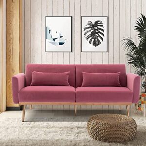 LoLado Velvet Futon Sofa Bed, Modern Tufted Convertible Sleeper Sofa with 2 Throw Pillow, Adjustable Loveseat, Accent Couch for Living Room, Bedroom, Bonus Room (Pink)