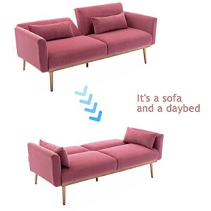 LoLado Velvet Futon Sofa Bed, Modern Tufted Convertible Sleeper Sofa with 2 Throw Pillow, Adjustable Loveseat, Accent Couch for Living Room, Bedroom, Bonus Room (Pink)