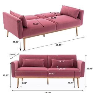 LoLado Velvet Futon Sofa Bed, Modern Tufted Convertible Sleeper Sofa with 2 Throw Pillow, Adjustable Loveseat, Accent Couch for Living Room, Bedroom, Bonus Room (Pink)