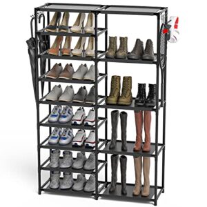 csxgbab tall shoe rack, garage shoe rack large capacity, large shoe rack two rows versatile hooks, shoe rack organizer, big shoe rack organizer storage boot rack shelf black 24-35 pairs