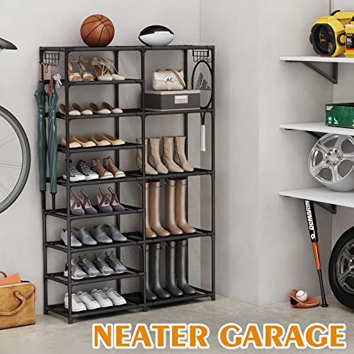 CSXGBAB Tall Shoe Rack, Garage Shoe Rack Large Capacity, Large Shoe Rack Two Rows Versatile Hooks, Shoe Rack Organizer, Big Shoe Rack Organizer Storage Boot Rack Shelf Black 24-35 Pairs