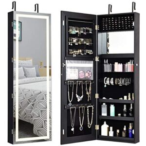 augester jewelry cabinet w/ full length mirror, 47.5'' wall/door mounted jewelry armoire w/ led touch screen mirror, large storage, lockable jewelry organizer armoire (black)