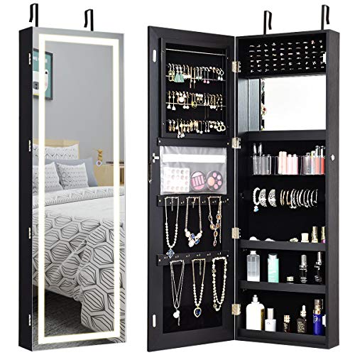 AUGESTER Jewelry Cabinet w/ Full Length Mirror, 47.5'' Wall/Door Mounted Jewelry Armoire w/ LED Touch Screen Mirror, Large Storage, Lockable Jewelry Organizer Armoire (Black)