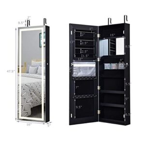 AUGESTER Jewelry Cabinet w/ Full Length Mirror, 47.5'' Wall/Door Mounted Jewelry Armoire w/ LED Touch Screen Mirror, Large Storage, Lockable Jewelry Organizer Armoire (Black)