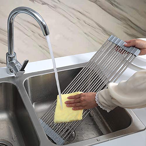 LIMNUO Roll Up Dish Drying Rack, Over The Sink Dish Drying Rack Kitchen Rolling Dish Drainer Foldable SUS304 Dish Drying Rack for Kitchen Sink Counter (16.5''(W) 13.2''(L), Gray)