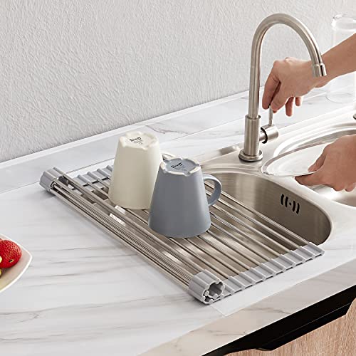 LIMNUO Roll Up Dish Drying Rack, Over The Sink Dish Drying Rack Kitchen Rolling Dish Drainer Foldable SUS304 Dish Drying Rack for Kitchen Sink Counter (16.5''(W) 13.2''(L), Gray)