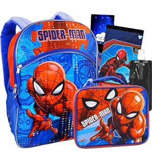 kids spiderman backpack set ~ 5 pc bundle with deluxe 16 inch marvel school bag, lunchbox, water pouch, 200 stickers and more (superhero school supplies for boys and girls)