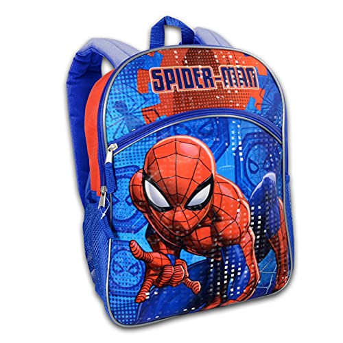 Kids Spiderman Backpack Set ~ 5 Pc Bundle with Deluxe 16 Inch Marvel School Bag, Lunchbox, Water Pouch, 200 Stickers and More (Superhero School Supplies for Boys and Girls)