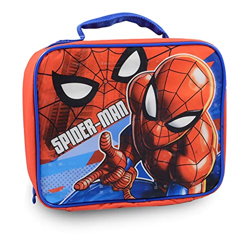 Kids Spiderman Backpack Set ~ 5 Pc Bundle with Deluxe 16 Inch Marvel School Bag, Lunchbox, Water Pouch, 200 Stickers and More (Superhero School Supplies for Boys and Girls)