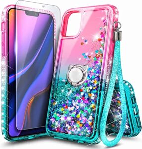 ngb compatible with iphone 11 case with tempered glass screen protector, ring holder/wrist strap, girls women liquid bling sparkle floating glitter cute phone case (pink/aqua)