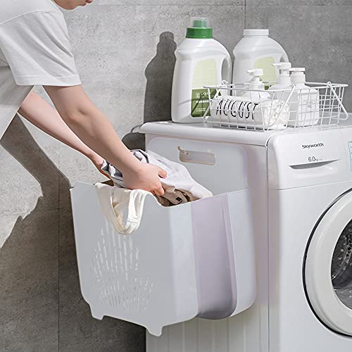 High Capacity Wall-Mounted Collapsible Laundry Basket - Household Storage Basket Punch-free Storage Bins with handle Space-Saving for Organizing Home, Clothes, Towels and Toy, Laundry Room (White)