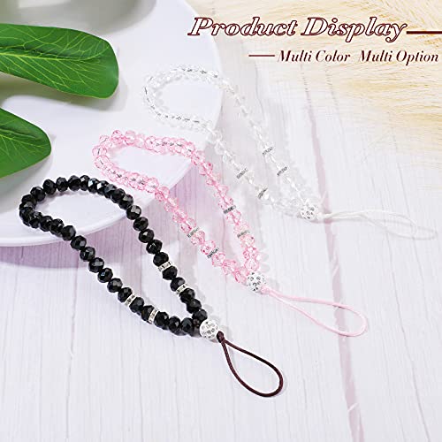 3 Pieces Cell Phone Lanyard Strap Phone Charm Bling Crystal Beads Hand Wrist Lanyard Strap Beaded Women's Wristlet(Black, White, Pink)