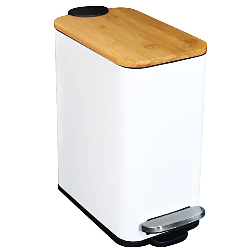 SIDIANBAN Bathroom Trash Can with Bamboo Lid Soft Close and Foot Pedal, Small Rectangular Slim Garbage Can with Inner Wastebasket for Bedroom, Office, Kitchen, 1.3Gal/5L, White