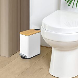 SIDIANBAN Bathroom Trash Can with Bamboo Lid Soft Close and Foot Pedal, Small Rectangular Slim Garbage Can with Inner Wastebasket for Bedroom, Office, Kitchen, 1.3Gal/5L, White