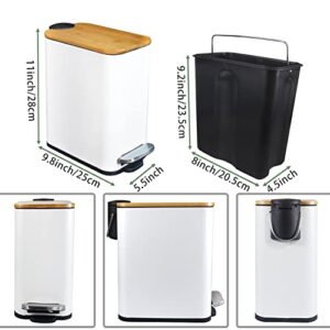 SIDIANBAN Bathroom Trash Can with Bamboo Lid Soft Close and Foot Pedal, Small Rectangular Slim Garbage Can with Inner Wastebasket for Bedroom, Office, Kitchen, 1.3Gal/5L, White