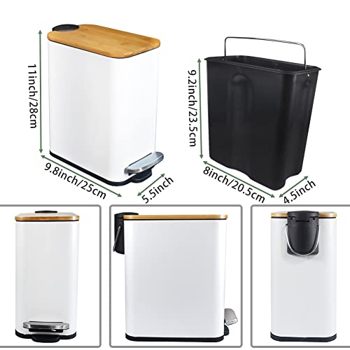 SIDIANBAN Bathroom Trash Can with Bamboo Lid Soft Close and Foot Pedal, Small Rectangular Slim Garbage Can with Inner Wastebasket for Bedroom, Office, Kitchen, 1.3Gal/5L, White