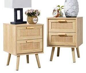 finnhomy nightstand, end table, side table with 2 hand made rattan decorated drawers, nightstands set of 2, wood accent table with storage for bedroom, natural, 2 pack