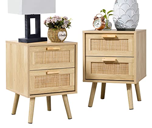 Finnhomy Nightstand, End Table, Side Table with 2 Hand Made Rattan Decorated Drawers, Nightstands Set of 2, Wood Accent Table with Storage for Bedroom, Natural, 2 Pack