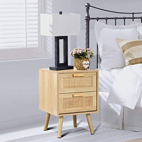 Finnhomy Nightstand, End Table, Side Table with 2 Hand Made Rattan Decorated Drawers, Nightstands Set of 2, Wood Accent Table with Storage for Bedroom, Natural, 2 Pack