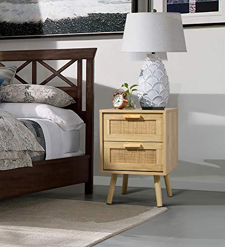 Finnhomy Nightstand, End Table, Side Table with 2 Hand Made Rattan Decorated Drawers, Nightstands Set of 2, Wood Accent Table with Storage for Bedroom, Natural, 2 Pack