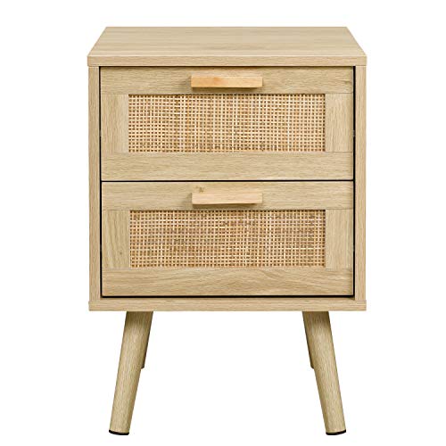 Finnhomy Nightstand, End Table, Side Table with 2 Hand Made Rattan Decorated Drawers, Nightstands Set of 2, Wood Accent Table with Storage for Bedroom, Natural, 2 Pack