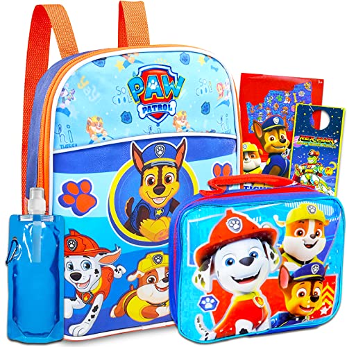 Paw Patrol Mini Backpack With Lunch Box For Kids, Boys ~ 5 Pc School Supplies Bundle With 11" Paw Patrol School Bag, Lunch Bag, Water Pouch, Stickers, And More