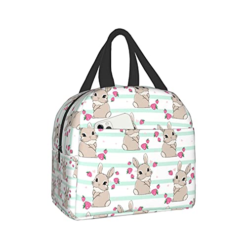 carati Cute Bunny With Strawberry Berry Sweet Lunch Box Reusable Lunch Bag Cooler Tote Travel Picnic Insulated Durable Shopping Back To School Waterproof For Girls Boys