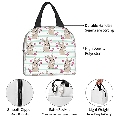 carati Cute Bunny With Strawberry Berry Sweet Lunch Box Reusable Lunch Bag Cooler Tote Travel Picnic Insulated Durable Shopping Back To School Waterproof For Girls Boys