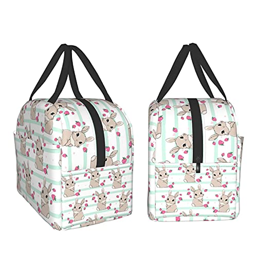 carati Cute Bunny With Strawberry Berry Sweet Lunch Box Reusable Lunch Bag Cooler Tote Travel Picnic Insulated Durable Shopping Back To School Waterproof For Girls Boys