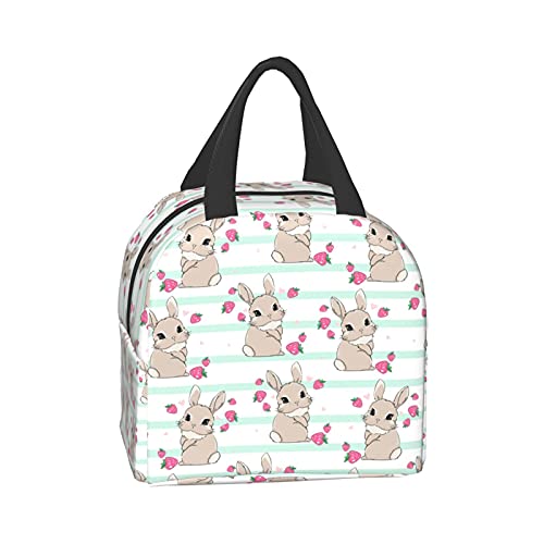 carati Cute Bunny With Strawberry Berry Sweet Lunch Box Reusable Lunch Bag Cooler Tote Travel Picnic Insulated Durable Shopping Back To School Waterproof For Girls Boys