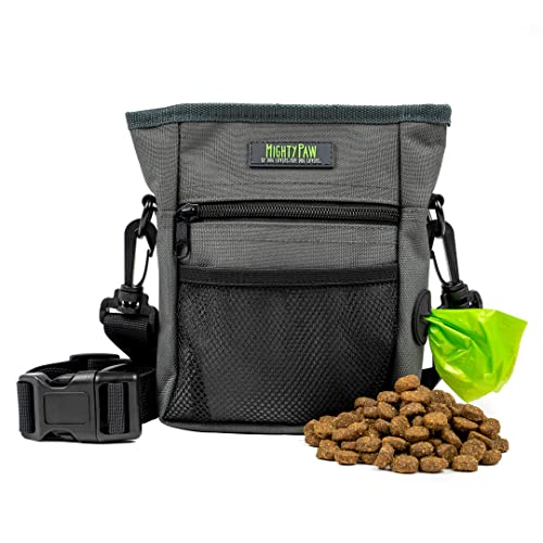 Mighty Paw Dog Treat Pouch 2.0 | Pet Training Hands-Free Snack Bag w/Strap. Holds 2 Cups Kibble, Poop Bags, Phone & Keys. Magnetic Clasp & Waist Belt Clip. Includes 1 Roll of Poop Bags (Green/Grey)