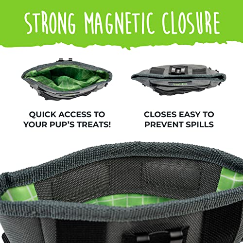 Mighty Paw Dog Treat Pouch 2.0 | Pet Training Hands-Free Snack Bag w/Strap. Holds 2 Cups Kibble, Poop Bags, Phone & Keys. Magnetic Clasp & Waist Belt Clip. Includes 1 Roll of Poop Bags (Green/Grey)