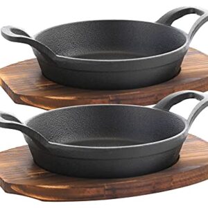 Bruntmor Mini Cast Iron Sizzler Plates Skillet Set Of 4. Round Fajita Plate With Wooden Base/Pan Tray Serving Sizzling Dish And Fajitas, Hot Steak Skillet Dish Without Sinking (2 Sets)