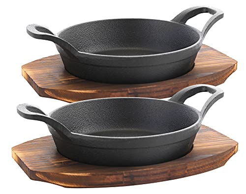 Bruntmor Mini Cast Iron Sizzler Plates Skillet Set Of 4. Round Fajita Plate With Wooden Base/Pan Tray Serving Sizzling Dish And Fajitas, Hot Steak Skillet Dish Without Sinking (2 Sets)